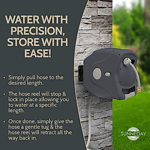 Sunneday 100ft Retractable Hose Reel 5/8 | Automatic Retractable Hose Reel w/Wall Mount | Easy to Assemble Water Hose Reel w/Flexible Swivel Mount | Retractable Garden Hose Reel (100ft. Charcoal)