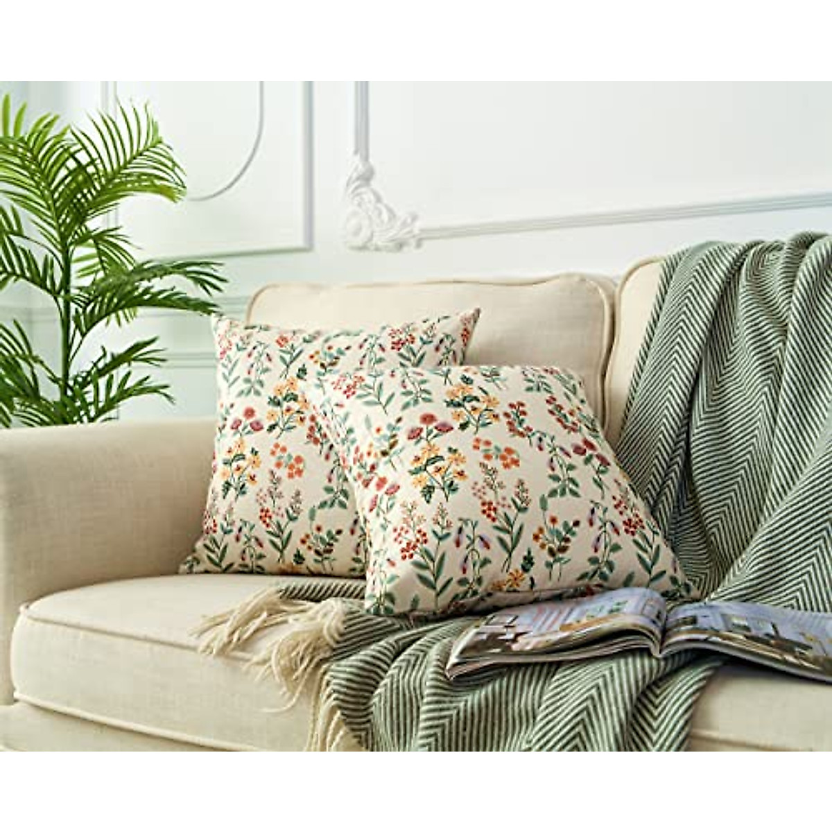 KWOS Set of 2 Outdoor Waterproof Pillow Covers 18x18 Inch, Rustic Country Style Farmhouse Floral Pattern Decorative Cushion Covers for Patio Furniture Garden Outdoor Decor Rattan Chair Sofa, Beige