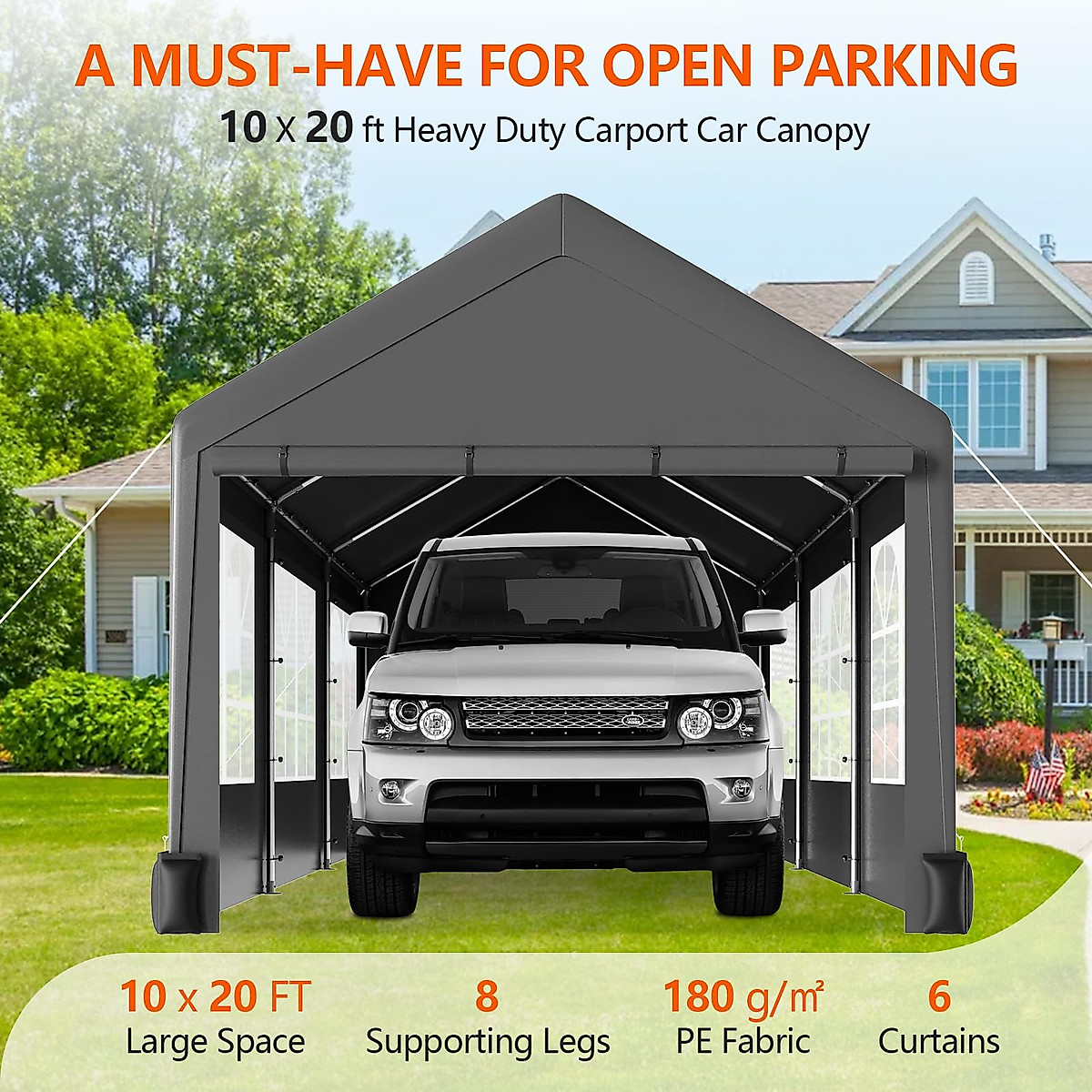 10 * 20 Heavy Duty Carport Canopy, PioneerWorks Portable Car Tent Garage with 6 Roll-up Windows and All-Season Tarp Cover, Metal Roof & 4 Sandbags for Car, SUV, Truck & Boat, Grey