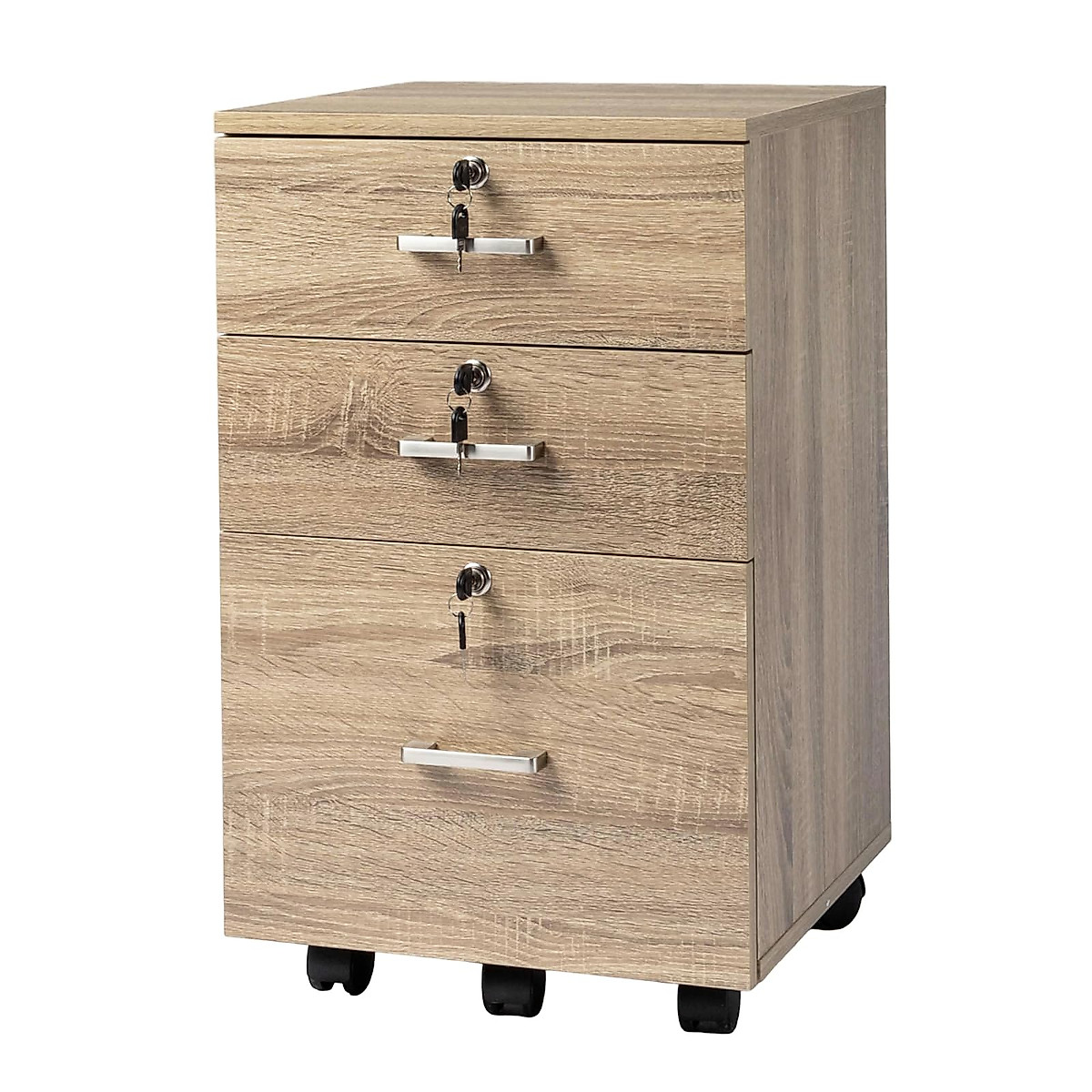 VINGLI Mobile 3 Drawer File Cabinets for Under Desk, Wooden Filing Cabinets for Home Office, Printer Stand & File Cabinet with Lock, 26-in H(Caster Included), Oak