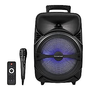 Sound Town 8-inch 2-Way Portable PA Speaker with Built-in Rechargeable Battery, 1 Wired Mic, Bluetooth, USB, SD Card Reader, LED Light (OPIK-8PS)