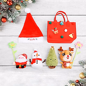 8 Pcs Christmas Plush Toy Set with Carrier Purse Bag -Snowman Santa Elk Christmas Tree Stuffed Animal Dolls Gifts for Kids,Two Plushie Flower and One Santa Hats for Complete Playset