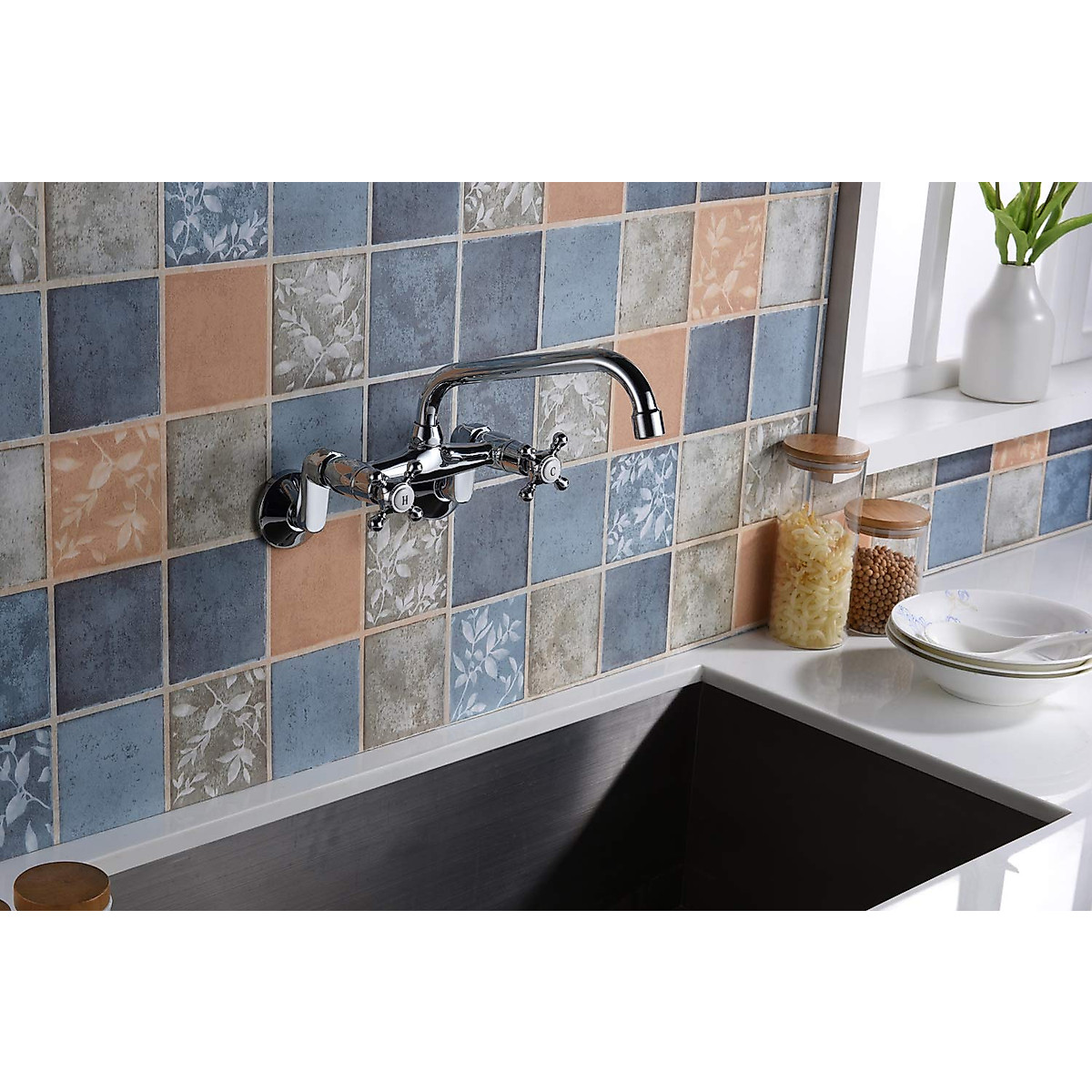 Sumerain Wall Mount Kitchen Faucets, 2 Cross Handles Chrome Finish,3" to 9" Adjustable Spread