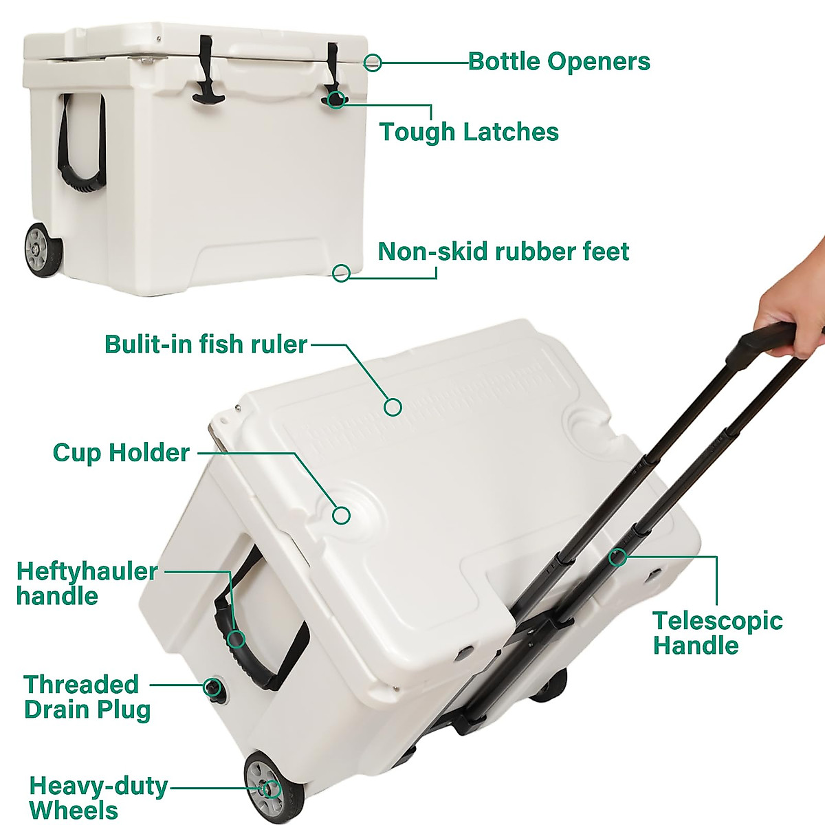 FOROUT Hard Cooler with Wheels and Handle, 42 Quart Ice Chest with Wheels Keeping Ice Cold for Days, Great for The Beach, Boat, Travel,Fishing, Barbecue or Camping White