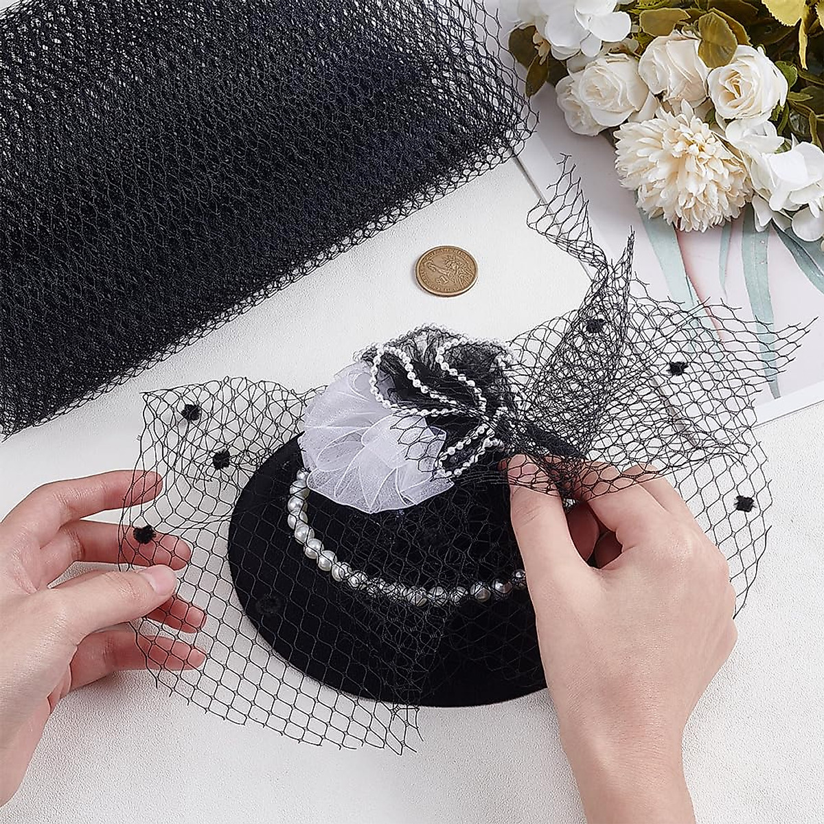 BENECREAT 3 Yard Black Net Mesh Fabric, 10 Inch Wide Nylon Bridal Veil Netting Fabric, Birdcage Veil Netting Fabric for Veil Making DIY Wedding Accessories Hat Brim Decoration, 0.2mm Thick