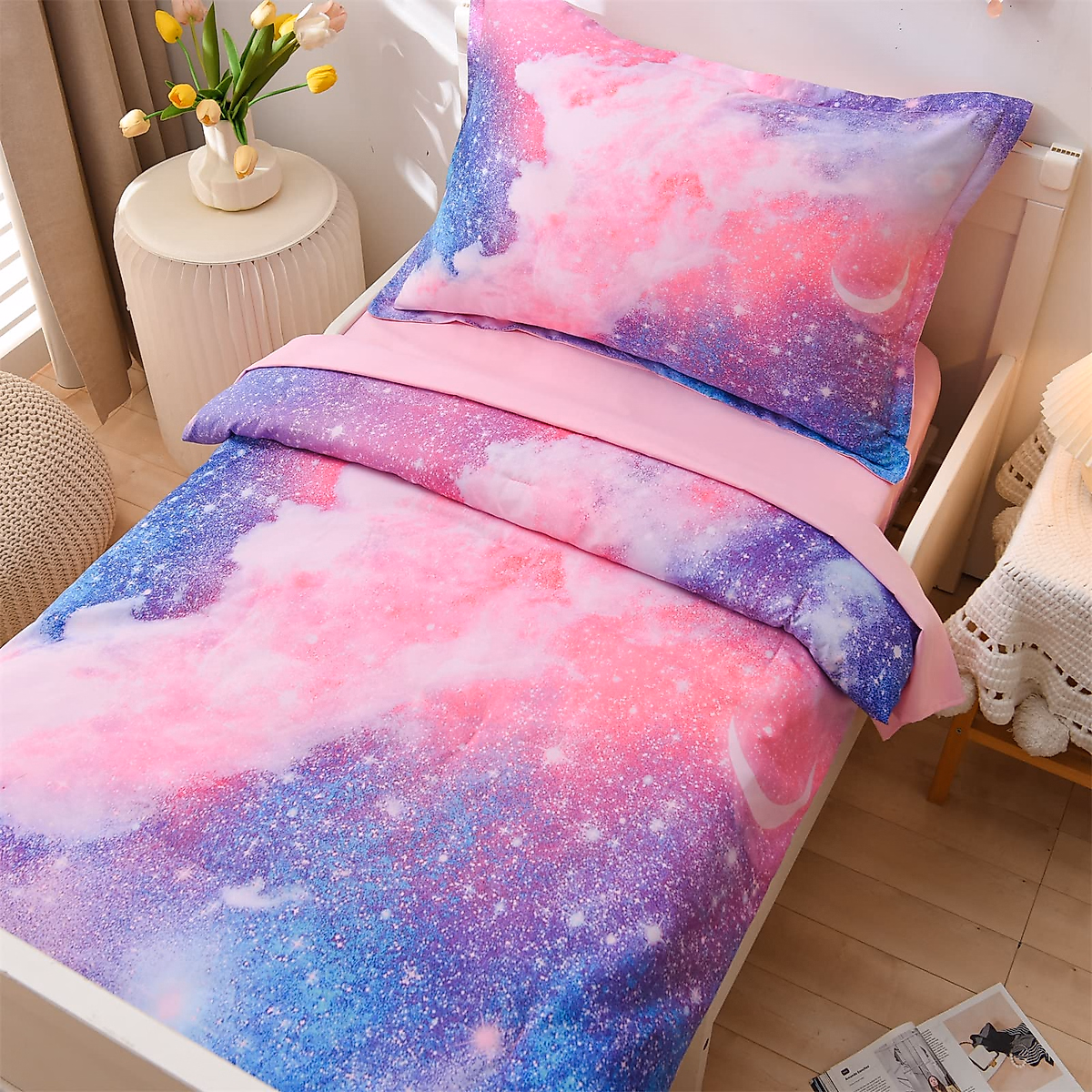 A Nice Night Galaxy Space Planet with Star Glitter Toddler Bedding Set,Includes Comforter, Flat Sheet, Fitted Sheet and Pillowcase,Pink