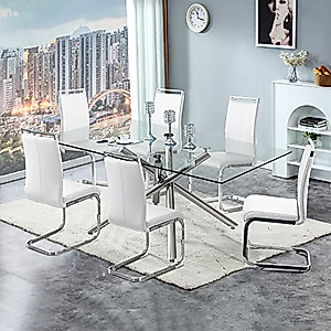 Ebullient 63" Glass Dining Table Set for 6 Modern Tempered Glass Top Dining Room Table with 6 Pcs White Faux Leather Dining Chairs，Kitchen & Dining Room Sets (Silver Base, White)