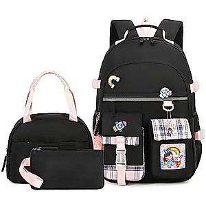 Hey Yoo Cute Backpack for School Backpack for Girls Backpack with Lunch Box Bookbag Set Kids Backpacks for Teen Girls (Black)