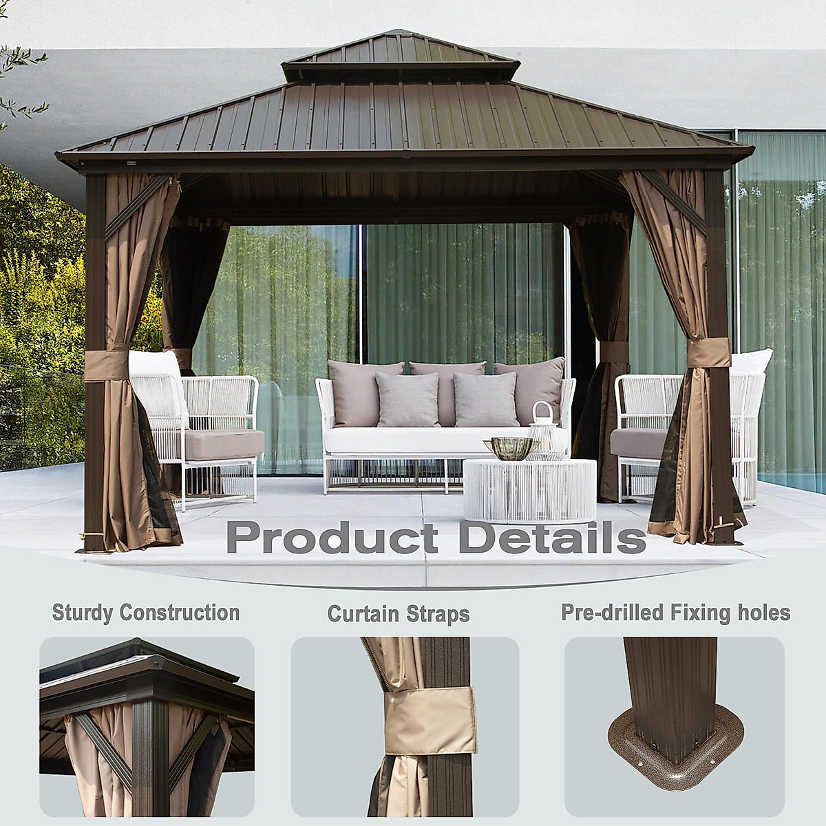Domi 10' x 10' Hardtop Gazebo Permanent Metal Gazebo with Galvanized Steel Double Roof, Curtains and Netting for Party, Wedding, Outdoor Dining, Patio, Backyard, Brown