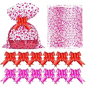CIEOVO 20 Pieces Large Valentine Basket Bags with 20 Pieces Bows Ribbon 23 x 35 Inch Clear Valentines Day Baskets Empty Bags Heart Printed Cellophane Wrap for Gift Baskets Presents Weddings