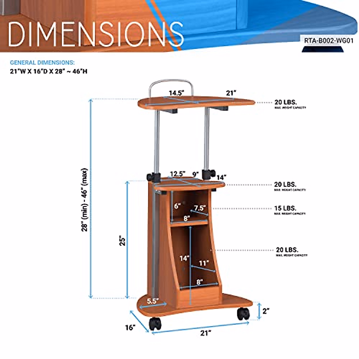 Adjustable Height Laptop Cart With Storage. Color: Woodgrain