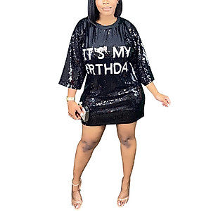 KIRJAUDU Womens Sparkly Sequin Shirt Dress Letter Print 3/4 Sleeve Short Dresses Party Clubwear Black XXL