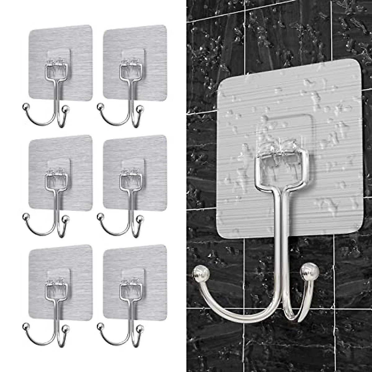 Booda Brand Adhesive Hooks 30lbs Max Heavy Duty Double Wall Hooks for Hanging No Damage, Waterproof & Rustproof Stainless Towel Hooks for Bathroom, Kitchen Home and Office (6, Large)