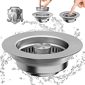 Upgraded 3 in 1 Kitchen Sink Drain Strainer - Stainless Steel Pop Up Sink Stopper, Anti-Clogging Sink Basket, Fast Drainage Kitchen Sink Plug for US Standard 3-1/2 Inch Drain