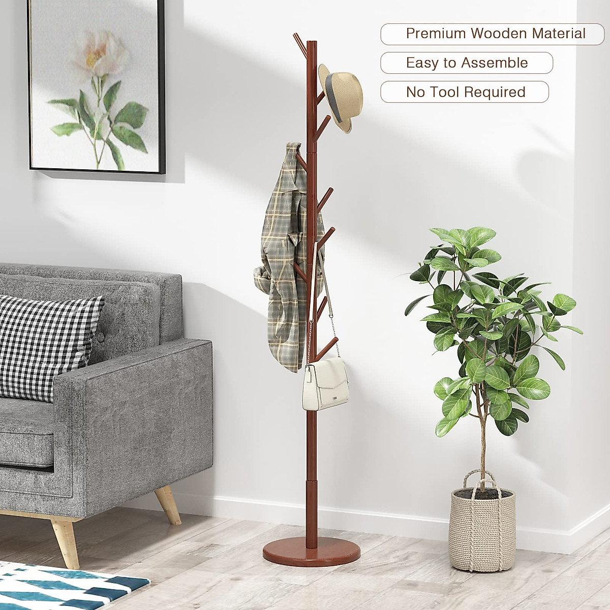 Wooden Coat Rack Freestanding Coat Tree with 4 Height Options and 9 Hooks, Sturdy Coat Rack Stand for Clothes/Bags/Hats, Easy Assemble Save Space for Entryway,Bedroom,Office,Narrow Place (Brown)