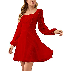 LYANER Women's Polka Dots Square Neck A line Long Sleeve Swiss Dots Mini Dress Red Small
