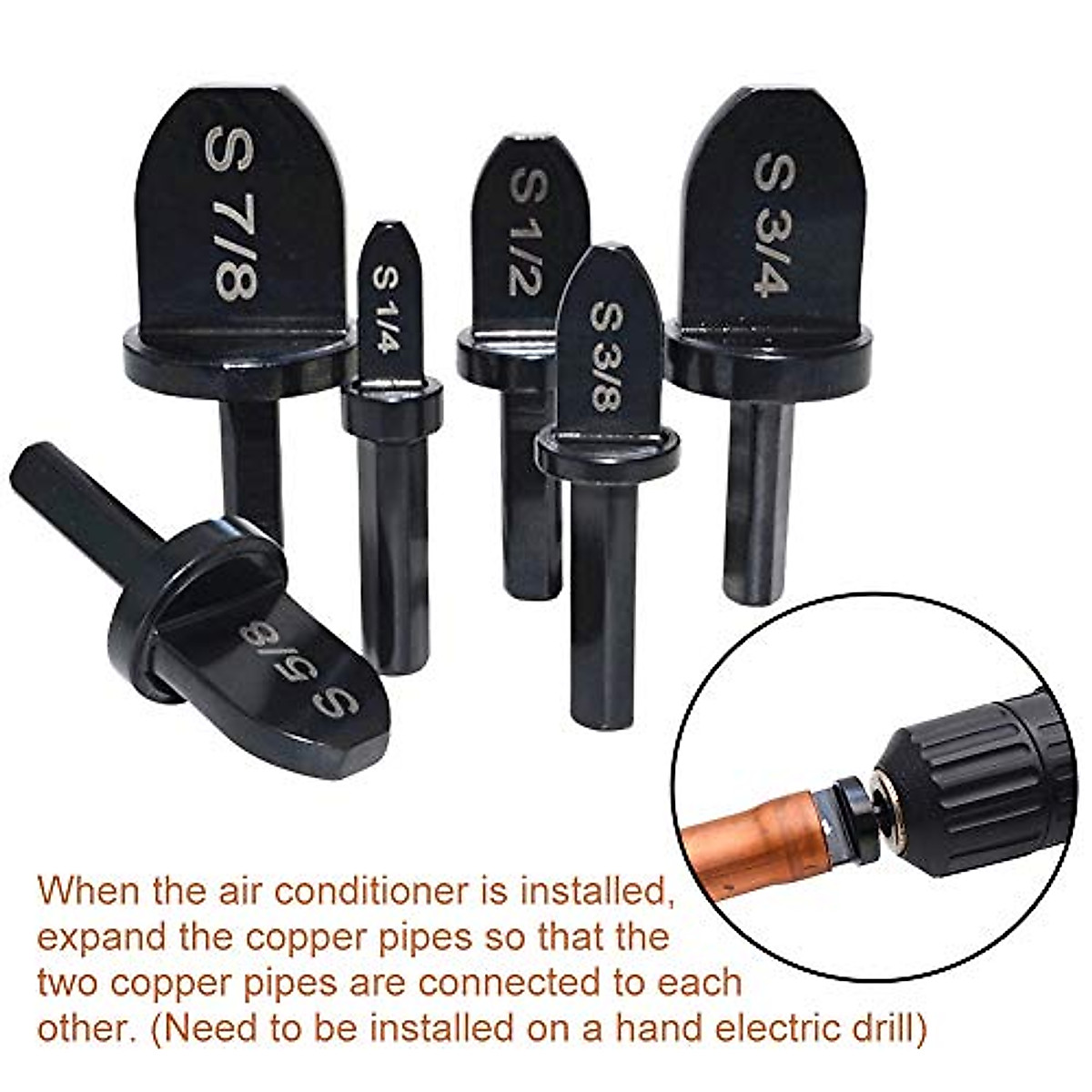 Swaging Tool Drill Bits, 6pcs Manual Copper Pipe Swaging Tool Drill Bit Set Portable Bearing Steel Repairing Set Include 7/8'', 3/4'', 5/8'', 1/2'', 3/8'', 1/4'' Bits