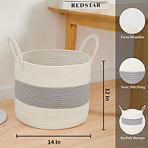 Ladkew Woven Cotton Rope Storage Basket With Handle,Laundry Basket,Blanket Basket Toy Basket Living Room For Organizing