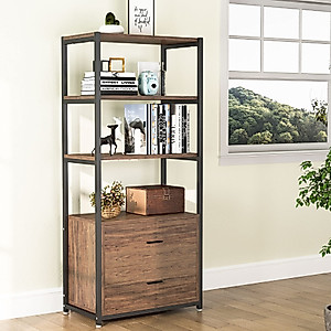 Tribesigns Bookshelf, Rustic Etagere Bookcase with Drawers, Vintage Industrial Display Book Shelf for Home Office (Rustic)