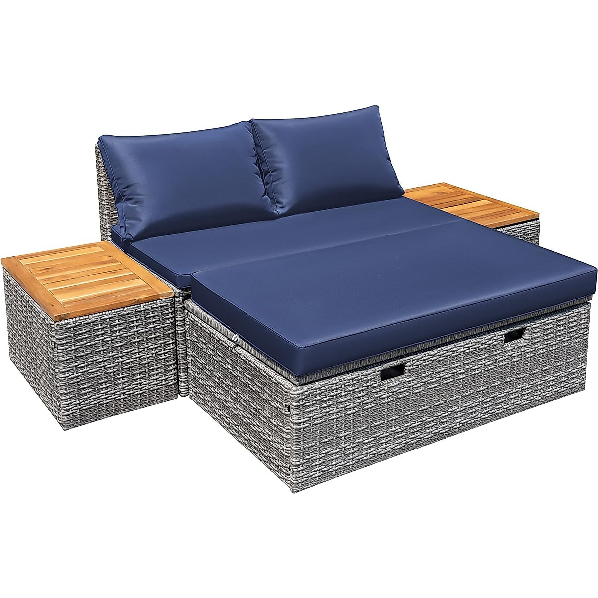 Devoko Patio Day Bed Outdoor Daybed Set Multifunctional Rattan Lounge Bed with 2 Side Tables for Backyard Porch Poolside Lawn Beach (Navy Blue)