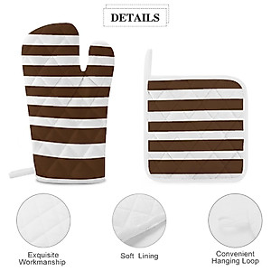 4PCS Oven Mitts and Pot Holders Sets, Classic Stripes Brown and White Oven Mitts Set Heat Resistant Kitchen Microwave Gloves Safe for Baking,Cooking, BBQ