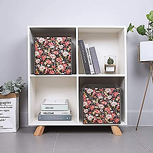 Red and Pink Floral PU Leather Collapsible Storage Bins Canvas Cube Organizer Basket with Handles
