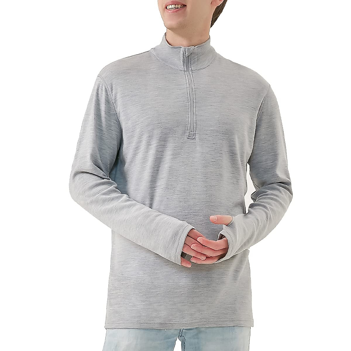 Merino Protect Merino Wool Base Layer Mens Soft Quarter Zip Pullover Sweaters Heavyweight Long Sleeve Shirt Hiking Hunting Light Grey Heather