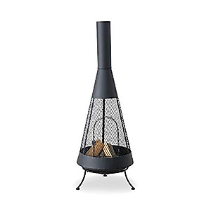 Scandi Garden Chiminea, Free Standing Fireplace, Modern Farmhouse Style, Black, Removable Grill, 360 Degree View Basket, Iron, 19.75 D x 56.75 H Inches