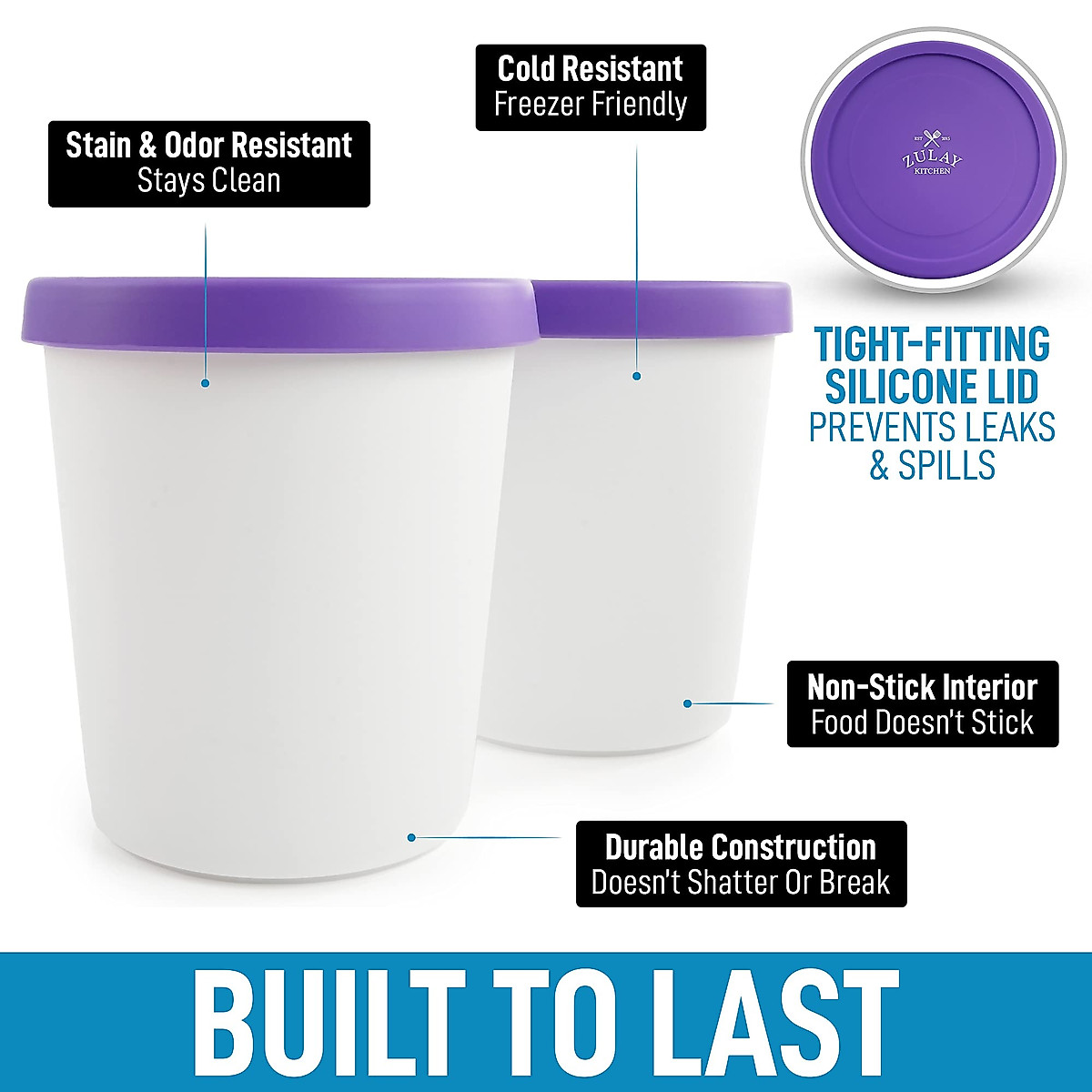 Zulay [2 Pack - 1 Quart Each] Large Ice Cream Containers For Homemade Ice Cream - Reusable Ice Cream Container Set with Lids - Ice Cream Pint Containers For Sorbet, Gelato, Frozen Yogurt (Purple)