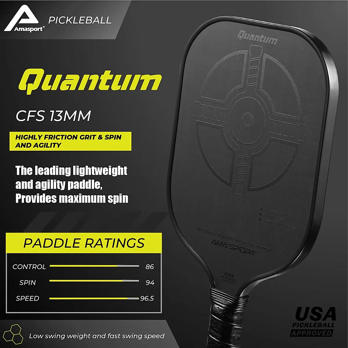 Quantum Pickleball Paddle JC003 - Featherweight Carbon Friction Textured Surface with High Grit & Spin and Agility, Super Lightweight Pickleball Rackets with Highly Flexible and Fast Shot