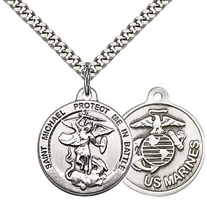 F A Dumont Sterling Silver St. Michael The Archangel Pendant with 24" Stainless Steel Heavy Curb Chain. Patron Saint of Police Officers/EMTs