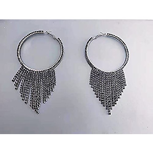 CZ Tassel Statement Drop Dangle Large Hoop Earrings for Women Cubic Zirconia Fringe Dangling Huggie Big Hoops Hypoallergenic Piercing Stud Lightweight Earring Wedding Party Jewelry (Black)