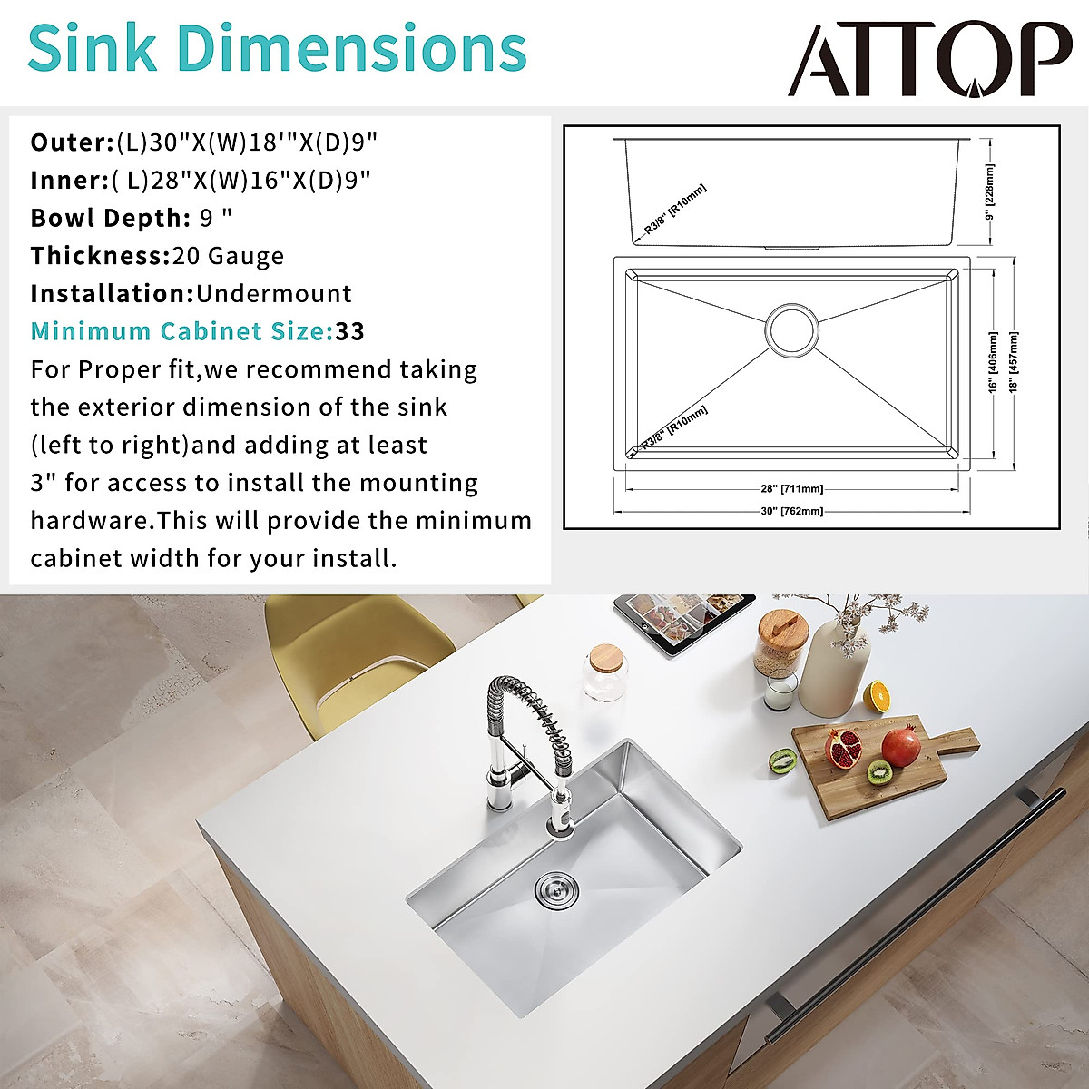 ATTOP 30 Inch Single Bowl Undermount Kitchen Sink,Nano Coating Stainless Steel Kitchen Sink Undermount Single Bowl Sink