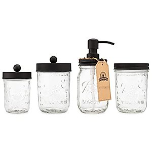 Jarmazing Products Ball Mason Jar Bathroom Gift Set (4 pcs) - Lotion/Soap Dispenser, Toothbrush Holder, Q-Tip Storage Jars - Farmhouse Home Decor for Vanity Organization - Luxury Accessories - Black