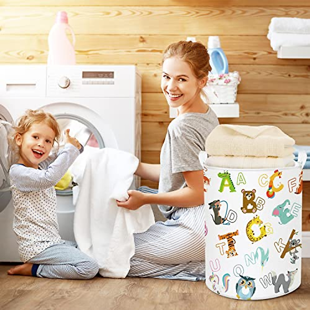 Clastyle 45L Cute Animal Alphabets Collapsible Laundry Hamper Waterproof Owl Elephant Kids Laundry Basket with Drawstring for Bedroom, 14.2 * 17.7 in