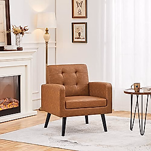 Yaheetech Mid-Century Accent Chairs, PU Leather Modern Upholstered Living Room Chair, Cozy Armchair Button Tufted Back and Wood Legs for Bedroom/Office/Cafe, Retro Brown