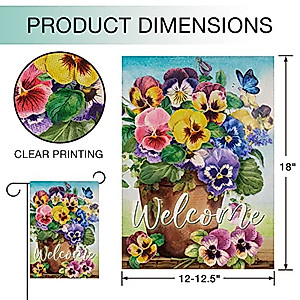 Hzppyz Welcome Spring Pansy Floral Garden Flag Double Sided, Flower Pot Arrangement Decorative House Yard Lawn Outdoor Small Decor, Summer Holiday Butterfly Farmhouse Home Outside Decorations 12 x 18