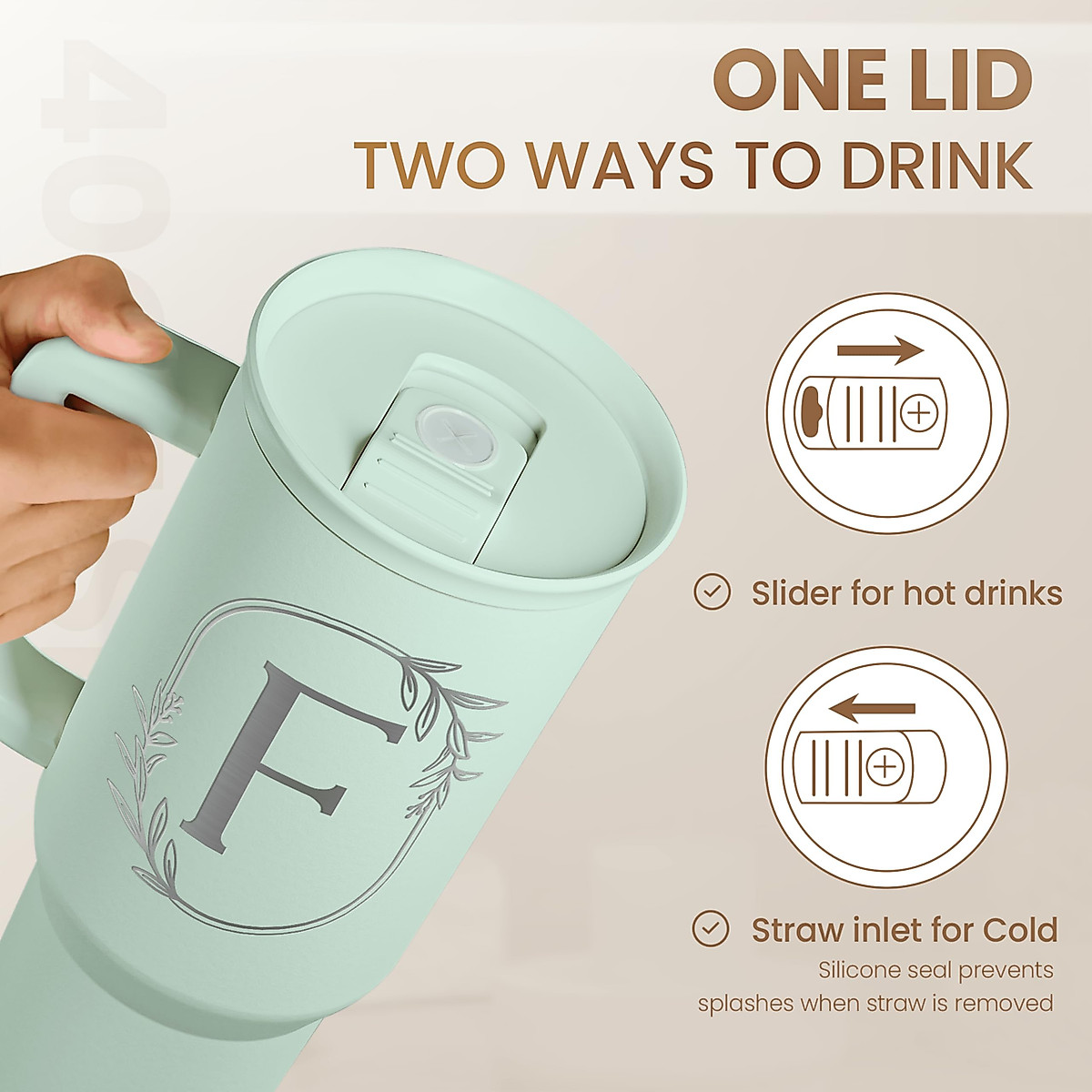 Personalized Monogrammed Tumbler with Handle 40oz, Letter F Tumblers Insulated Coffee Travel Cup, Custom Initial Gift for Women Girls Friends, Monogram Gift for Christmas Birthday Mothers Day