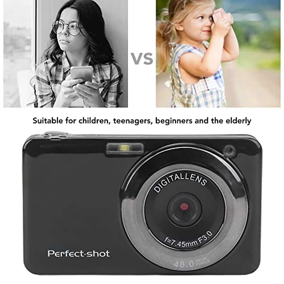 Jeanoko 48MP Digital Camera, Portable Digital Camera Continuous Shooting Self Timer Metal Automatic Light Sensitivity Speed for Senior Citizen(Black)