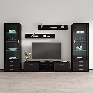 MEBLE FURNITURE & RUGS SOHO 4 Modern Wall Unit with 16 Colors LED Lights (Black)