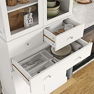 HOSTACK 71" Tall Kitchen Pantry Storage Cabinet, Freestanding Bar Cabinet with Glass Doors and Shelves, Hutch Cabinet with 2 Drawers, Cupboard for Living Room, Dining Room, White