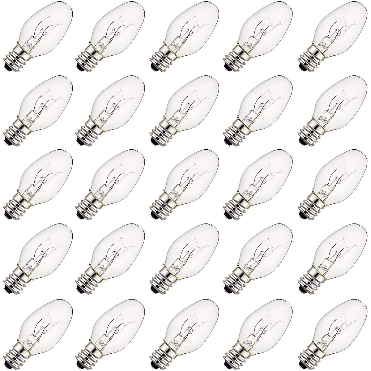 25 Pack Clear Night Light Bulbs, 7 Watt Salt Lamp Light Replacement Bulbs, Plug-in Incandescent Night Light Bulbs, E12 Candelabra Base, 120 Volt