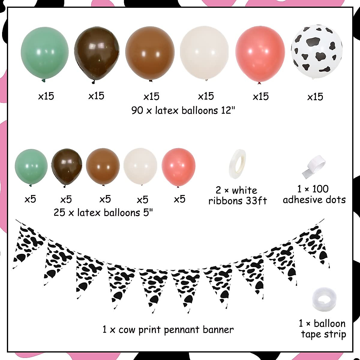 Cowgirl Balloon Garland Arch Kit 115pcs with Cow Print Pennant Banner for First Rodeo Birthday Party Decorations Western Last Rodeo Bachelorette Decor Farm Party Supplies