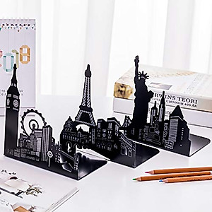 SIPLIV Bookends Steel Universal Economy Holder Stand Book Rack Desk Bookend, Ferris Wheel City, 1 Pair(Black)