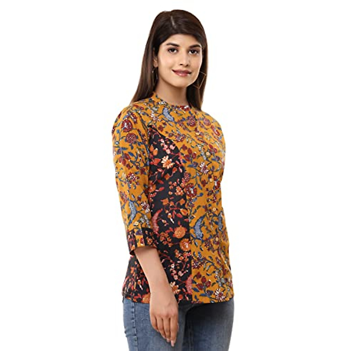 Vihaan IMPEX Yellow Floral Printed Hot Tunic Casual Kurti Top for Women Shirt for Ladies