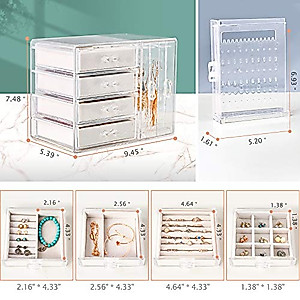 Acrylic Jewelry Organizer Box, Clear Earring Holder Jewelry Hanging Boxes with 4 Velvet Drawers for Earrings Ring Necklace Bracelet Display Case Gift for Women, Girls