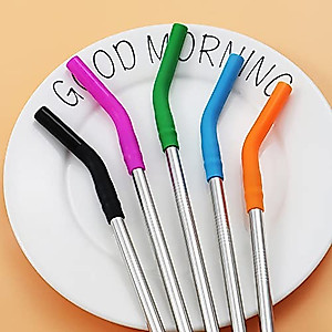 5 PCS Metal Straws with Silicone Tip, 8mm Wide Smoothie Straws, Reusable Stainless Steel Straws with 2 Cleaning Brushes,1 Portable Bag (Silver)