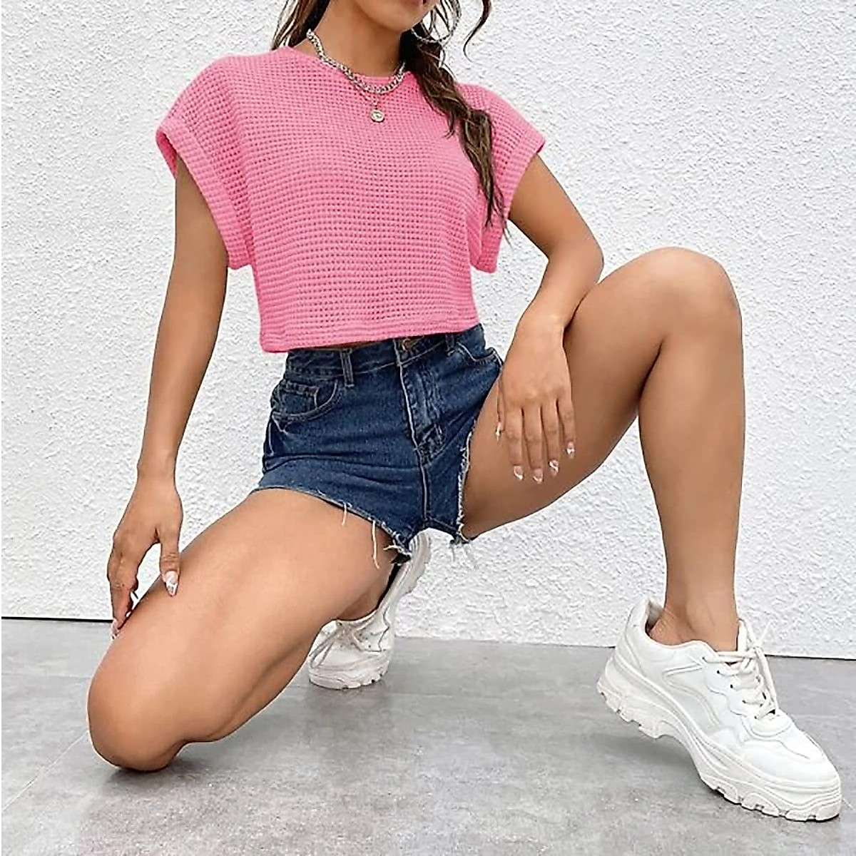 Meladyan Women’s Casual Waffle Knit Crop Tee Top Batwing Short Sleeve Crew Neck Solid Cropped T Shirt Tops Pink