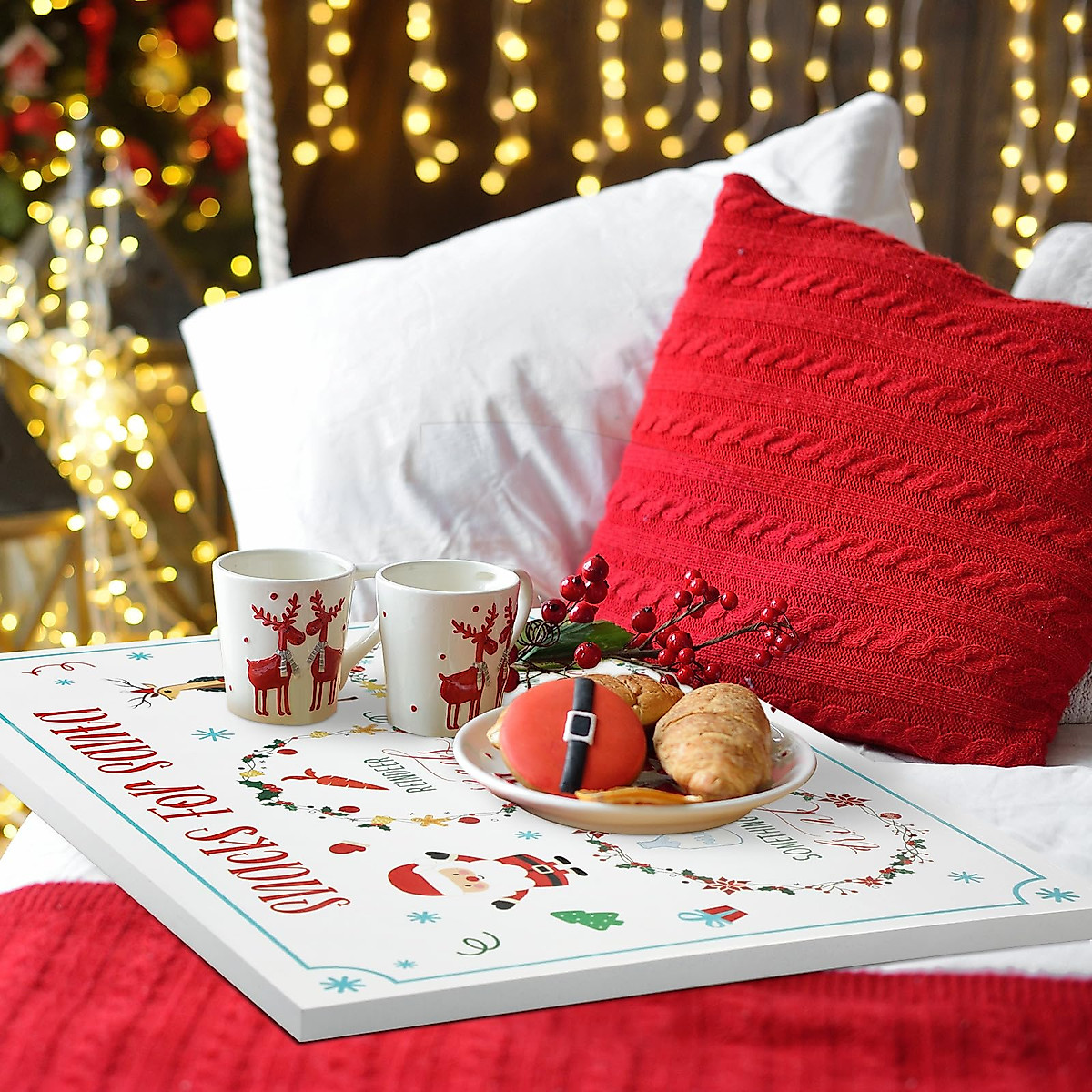 Layhit Santa Cookie Plate for Kids Christmas Cookies Plate Rectangle Wooden Santa Treat Tray Christmas Eve Tableware Putting Milk Mugs and Reindeer Snacks Cute Placemats for Xmas Decoration Supplies