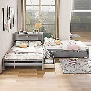 MOEO L-Shaped Full Size Platform Bed with Trundle and Drawers Linked w/ Built-in Desk for Kids, Bedroom, Teens, Adults, No Box Spring Needed, 3 Wood Bedframe in 1, Gray